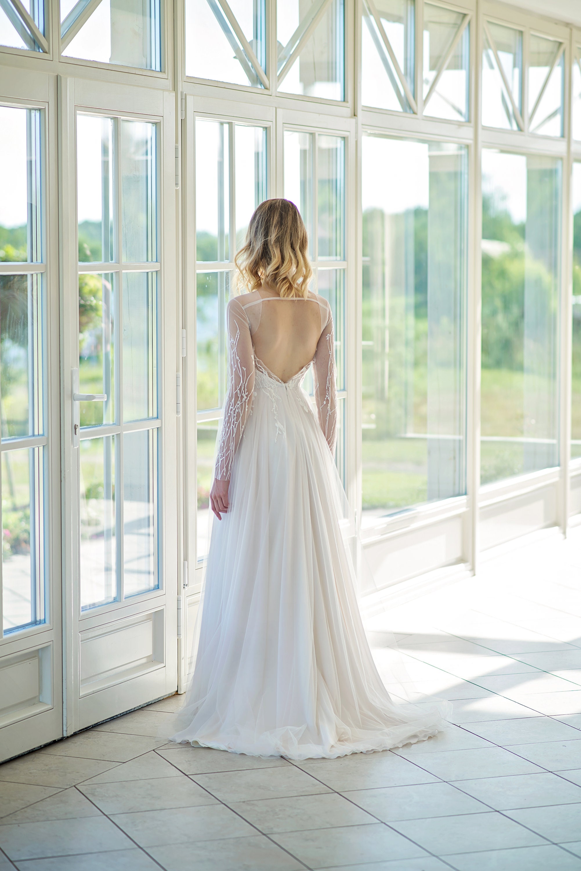 Long Sleeve Wedding Dress Open Back V Neck Wedding Dress - Etsy