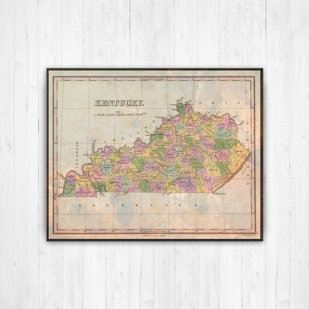 Kentucky Antique Color State Map Print | Kentucky Canvas Map Art ...