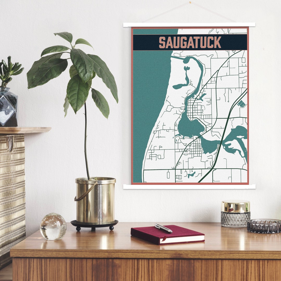 Saugatuck Michigan Street Map | Hanging Canvas Map of Saugatuck ...