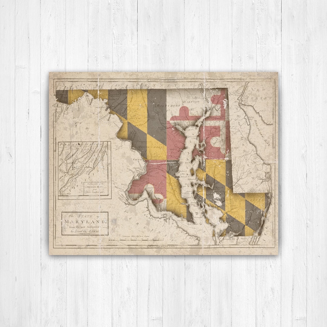 Maryland Vintage State Flag Map Print | Maryland Hanging Canvas Map Art ...
