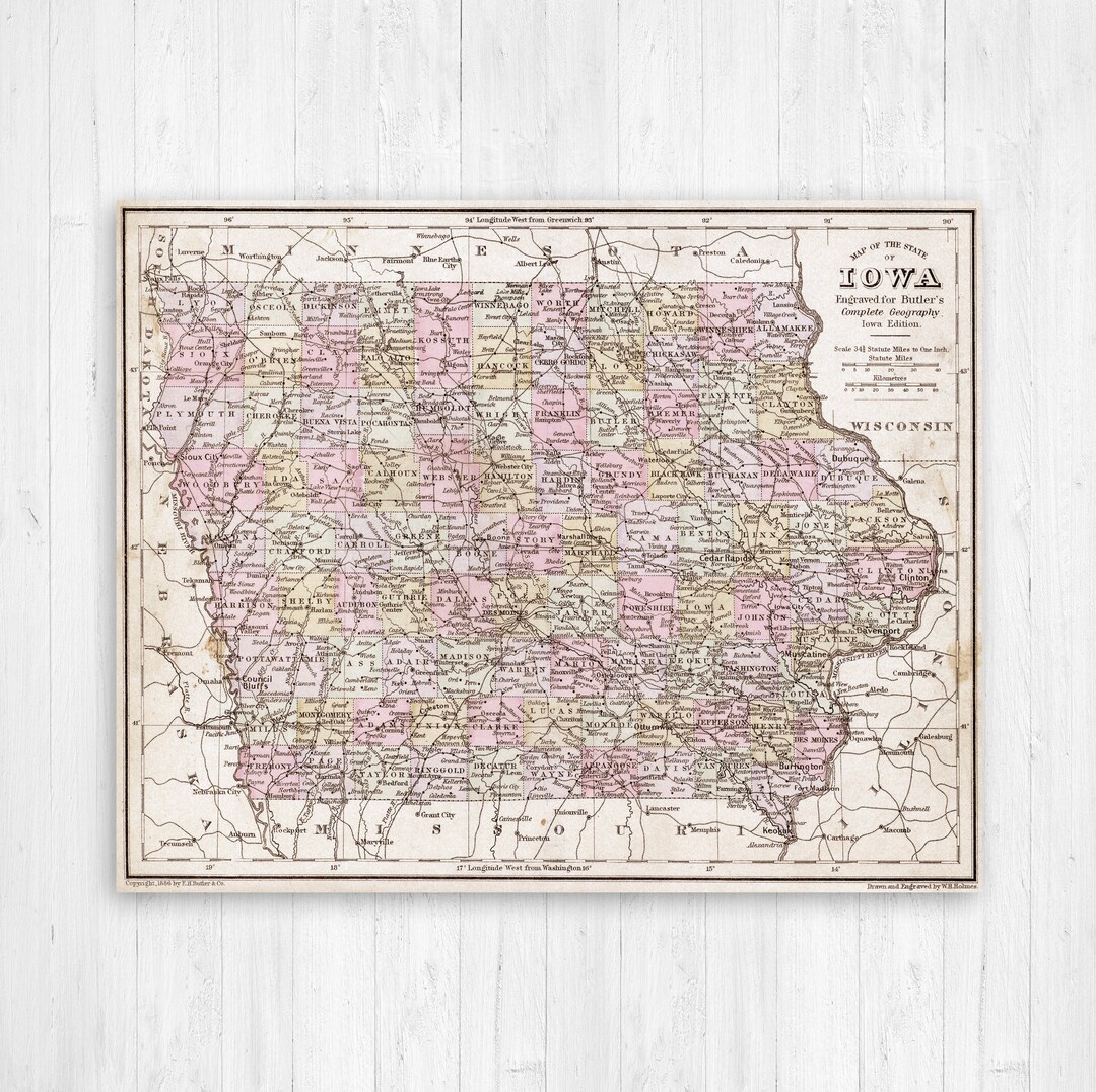 Iowa Antique Color State Map Print | Iowa Canvas Map Art | Printed ...