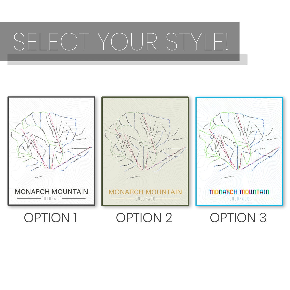 Monarch Mountain Colorado Ski Trail Map | Hanging Canvas of Monarch ...