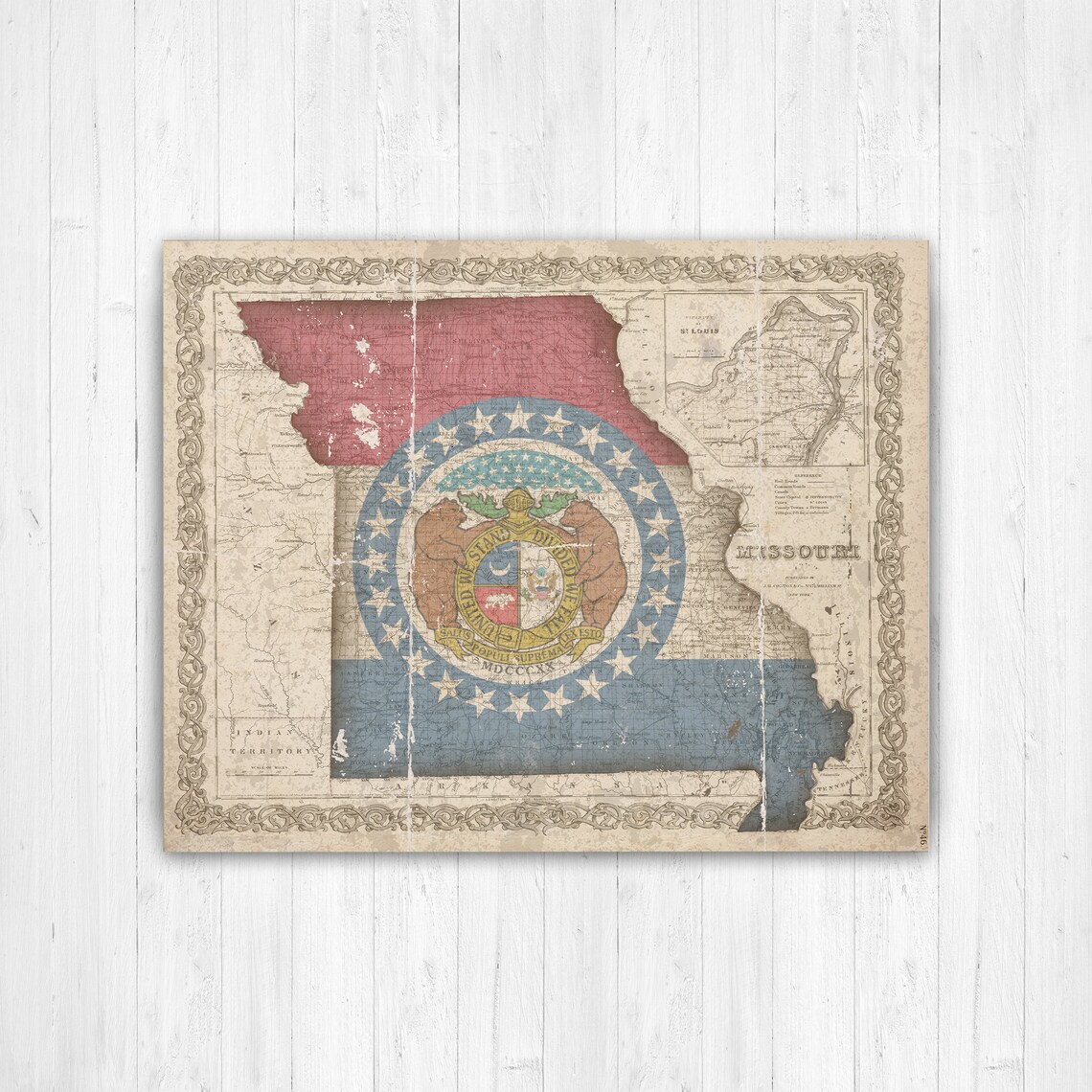 Missouri Vintage State Flag Map Print | Missouri Hanging Canvas Map Art ...