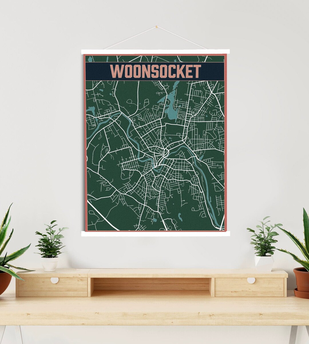 Woonsocket Rhode Island City Street Map Hanging Canvas Map of ...