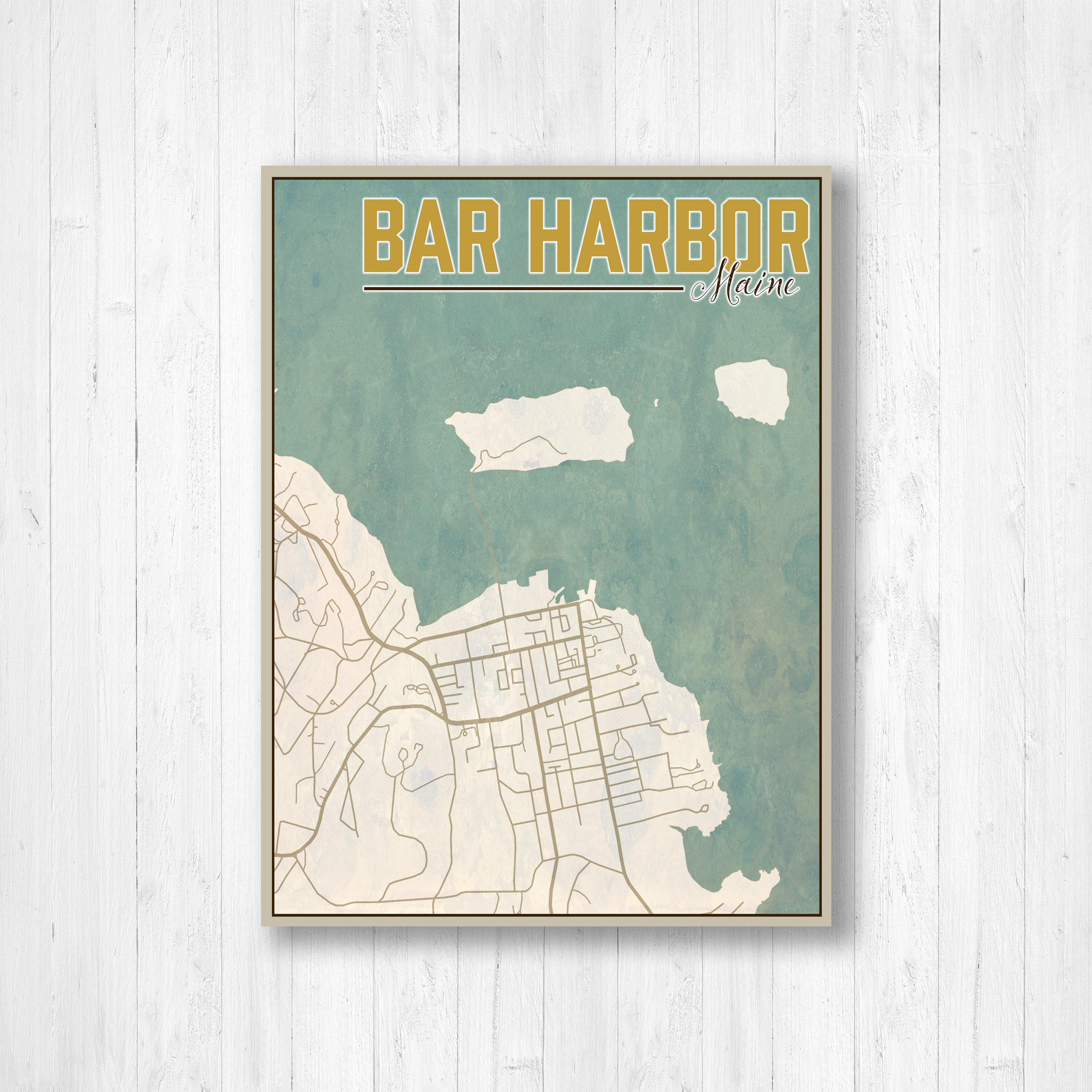Bar Harbor Maine Street Map | Hanging Canvas of Bar Harbor | Printed ...