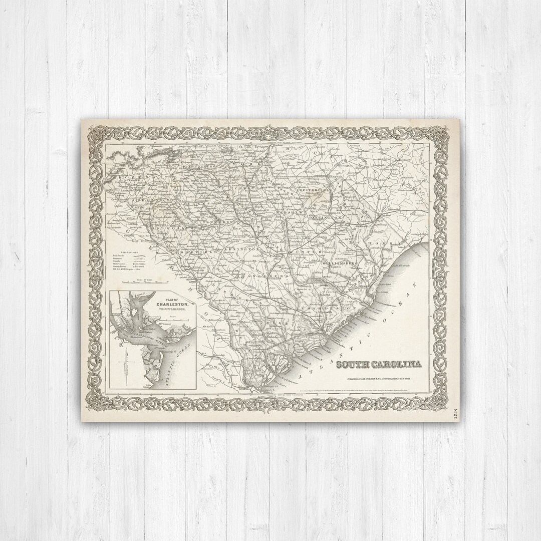 South Carolina Antique State Map Print | South Carolina Canvas Map Art ...