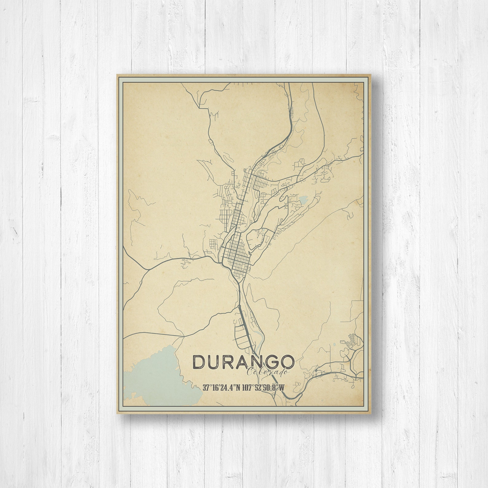 Durango Colorado Weathered Street Map | Hanging Canvas Map of Durango ...