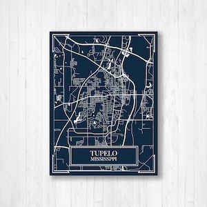 Tupelo Mississippi Blueprint Street Map | Hanging Canvas Map of Tupelo ...