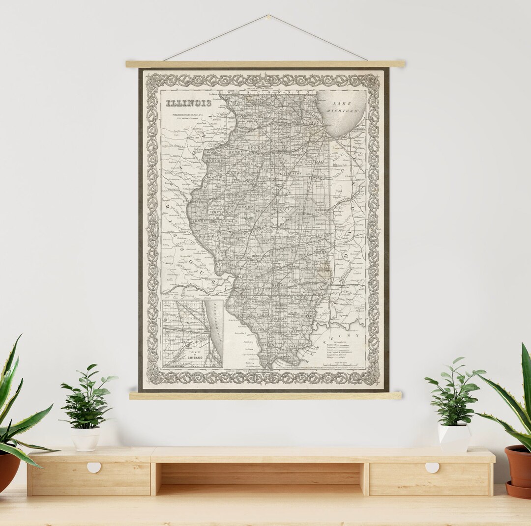 Illinois Antique State Map Print | Illinois Canvas Map Art | Printed ...