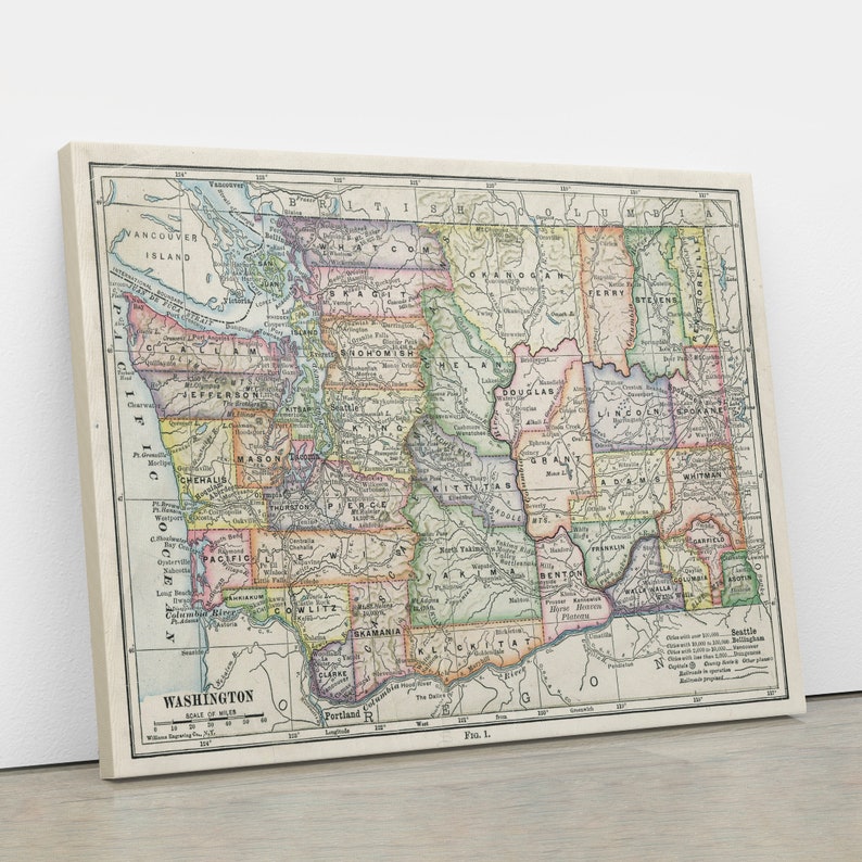Washington Antique Color State Map Print | Washington Canvas Map Art ...