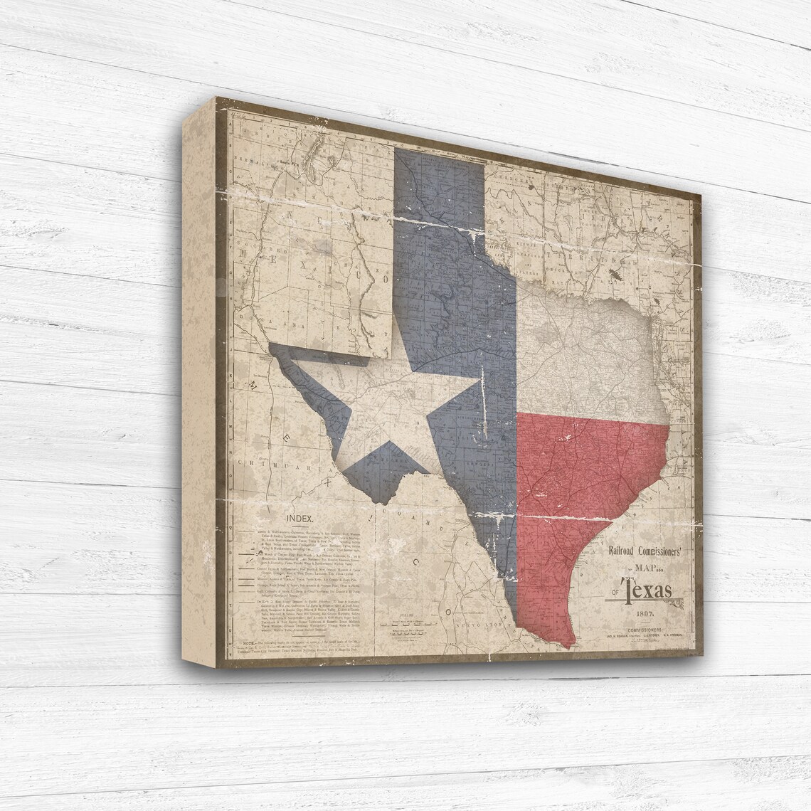 Texas Vintage State Flag Map Print Texas Hanging Canvas Map | Etsy