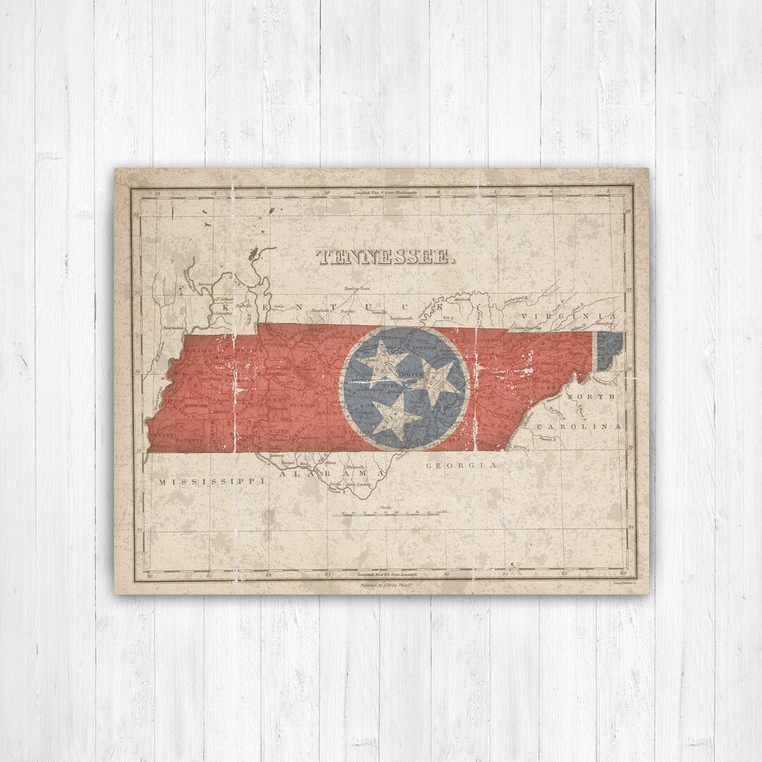 Tennessee Vintage State Flag Map Print | Tennessee Hanging Canvas Map ...