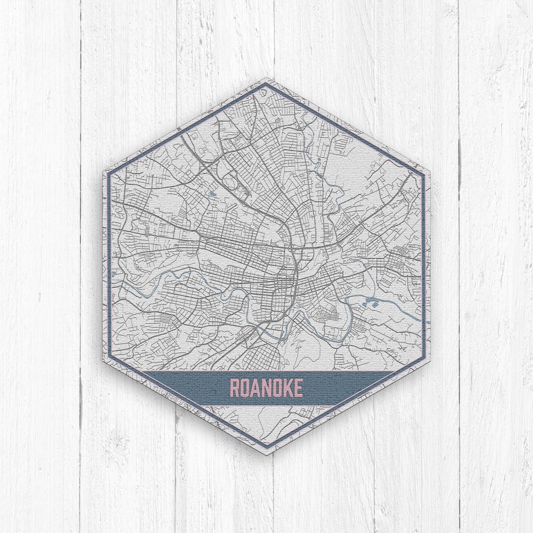Roanoke Virginia Street Map, Roanoke Virginia Hexagon, Gray and Blue ...