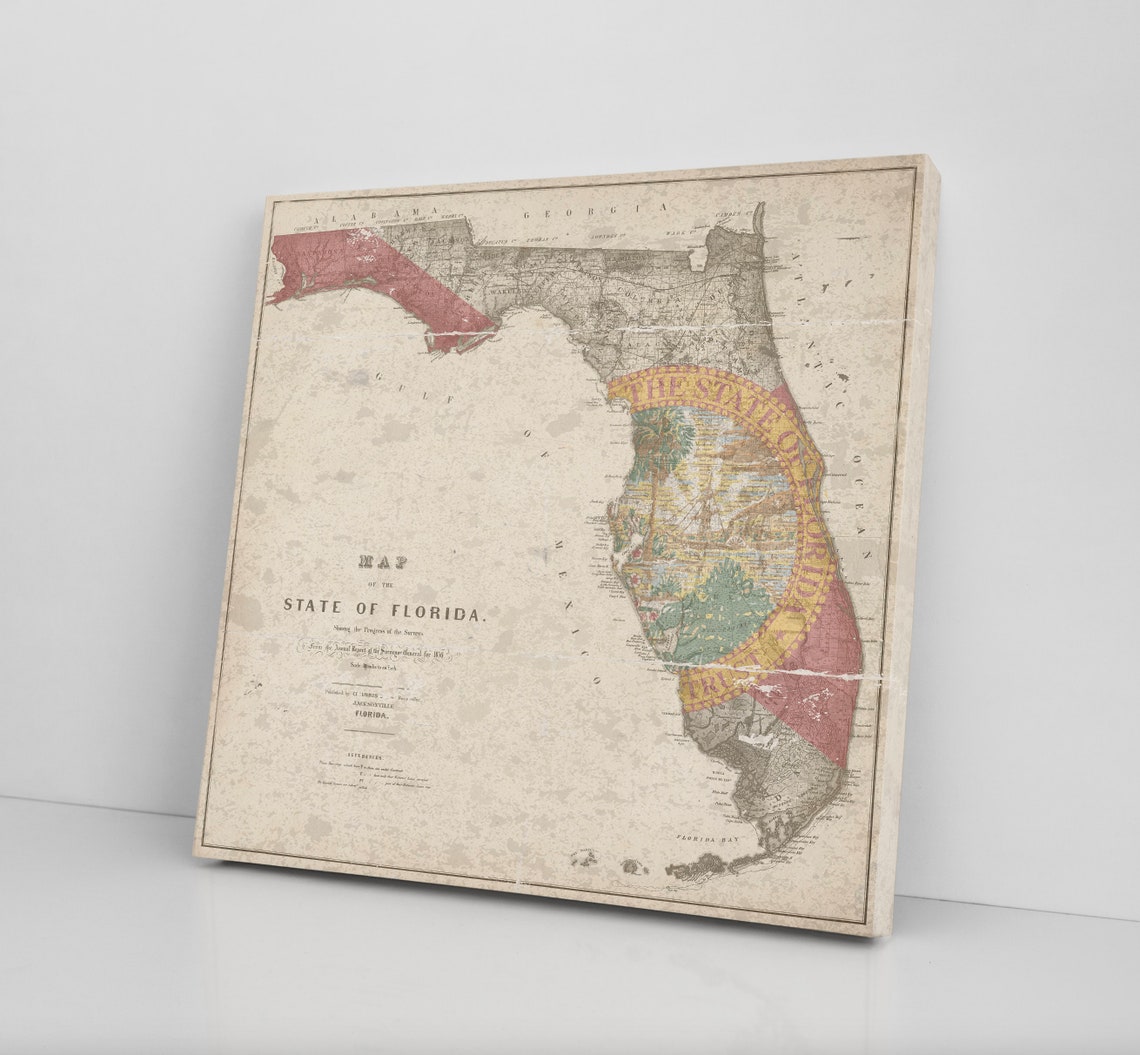 Florida Vintage State Flag Map Print Florida Hanging Canvas | Etsy