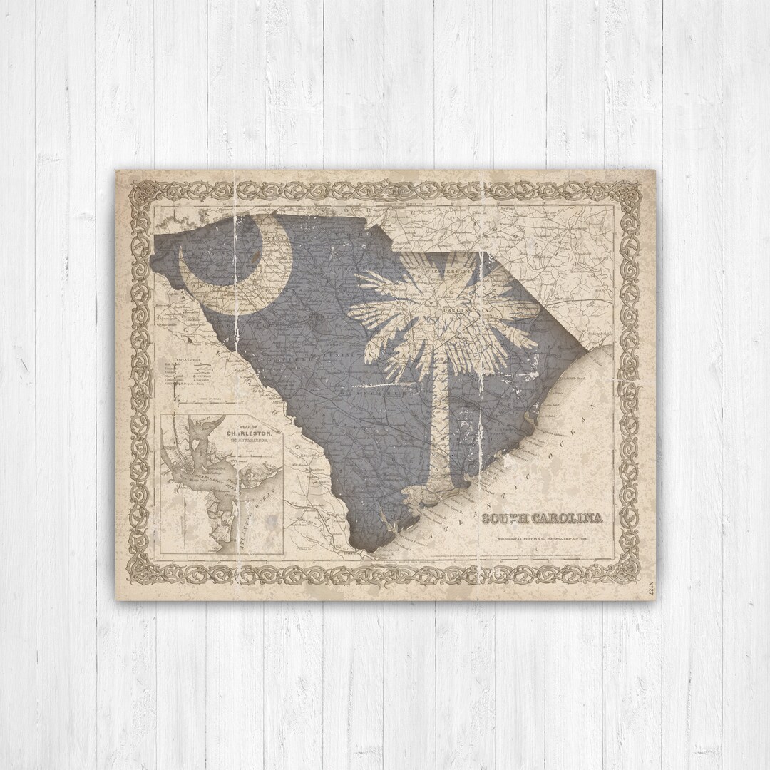 South Carolina Vintage State Flag Map Print | South Carolina Hanging ...