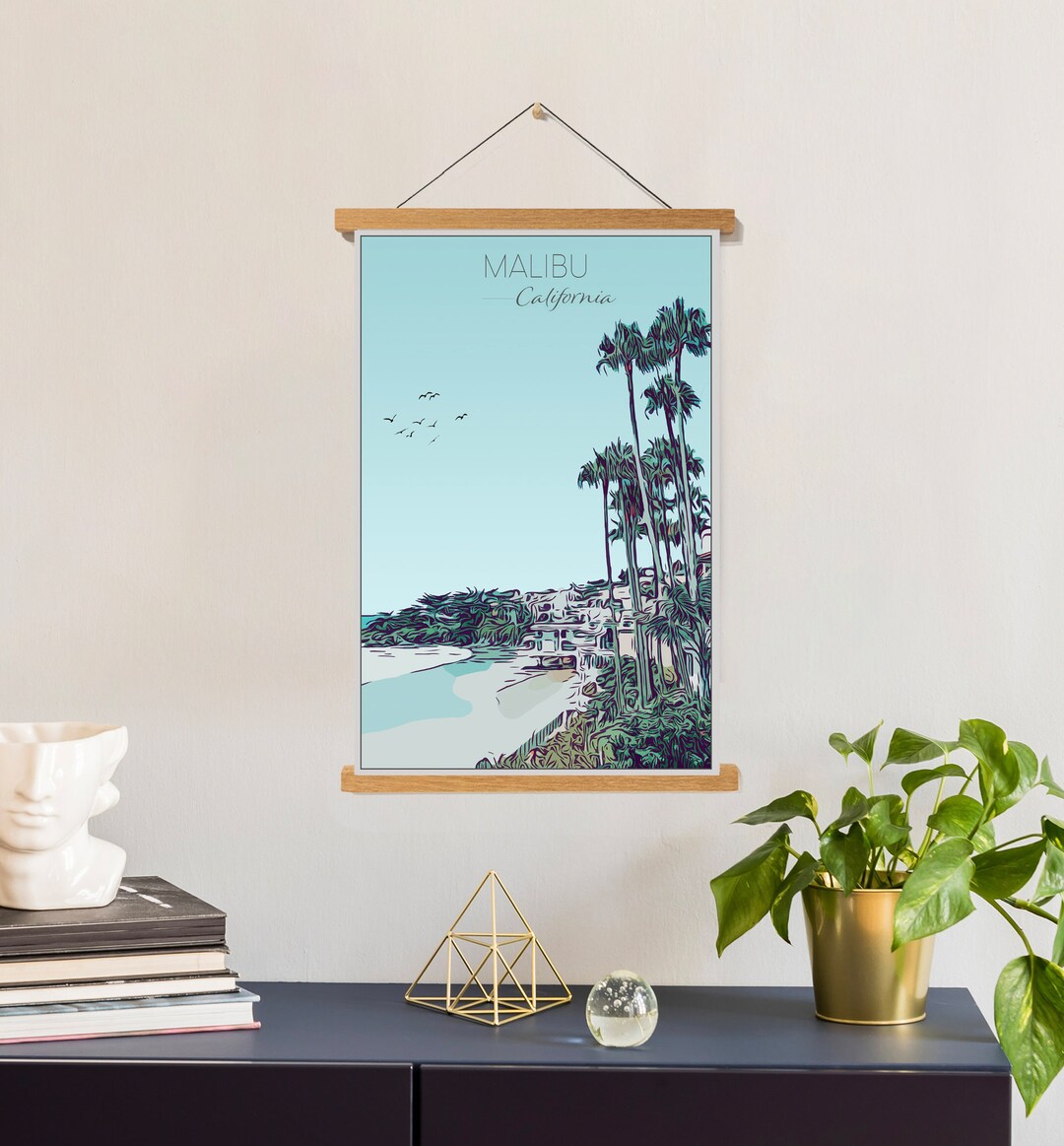 Malibu California Illustration Print | Malibu Hanging Canvas Print ...