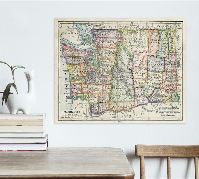 Washington Antique Color State Map Print | Washington Canvas Map Art ...