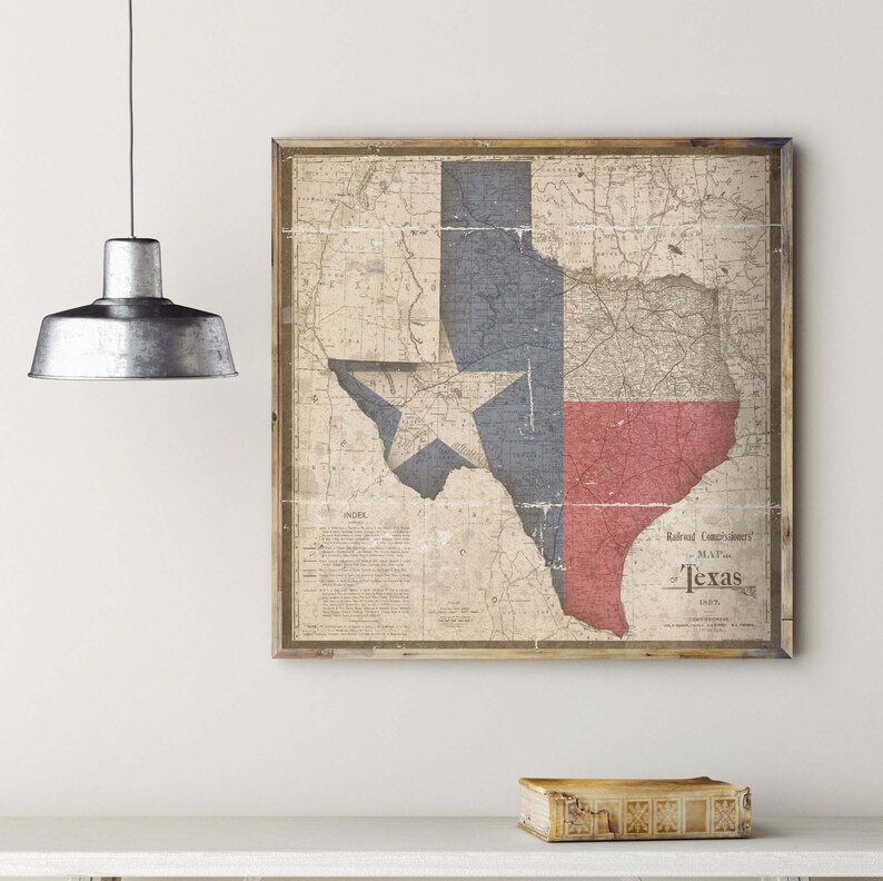 Texas Vintage State Flag Map Print Texas Hanging Canvas Map | Etsy