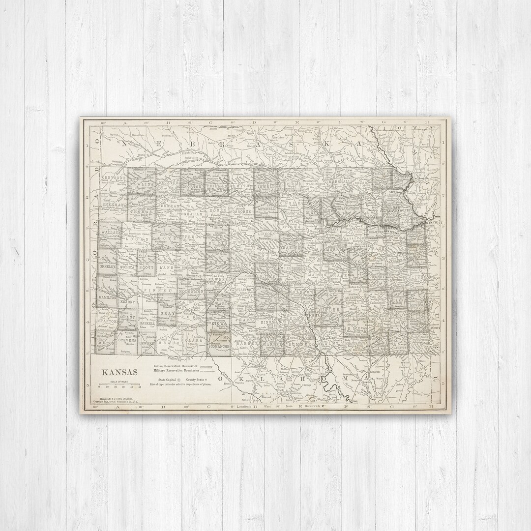 Kansas Antique State Map Print | Kansas Canvas Map Art | Printed ...