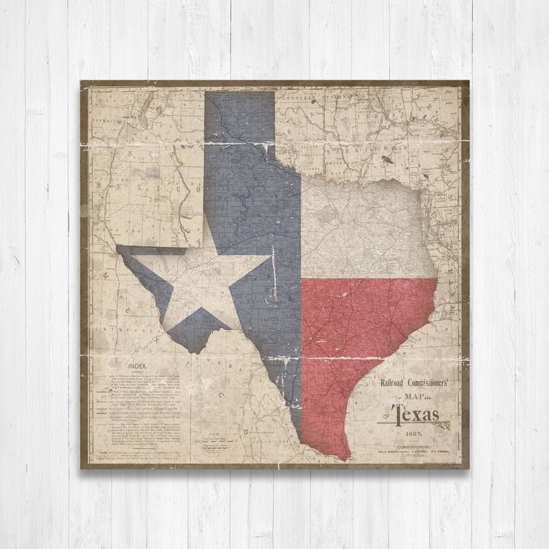 Texas Vintage State Flag Map Print Texas Hanging Canvas Map | Etsy