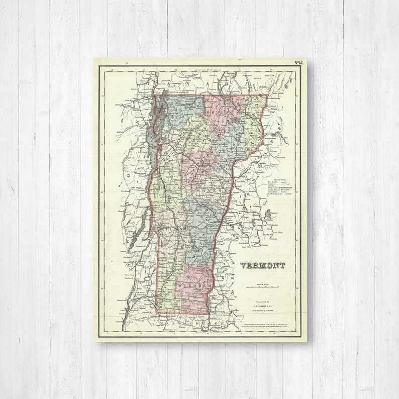 Vermont Antique Color State Map Print | Vermont Canvas Map Art ...