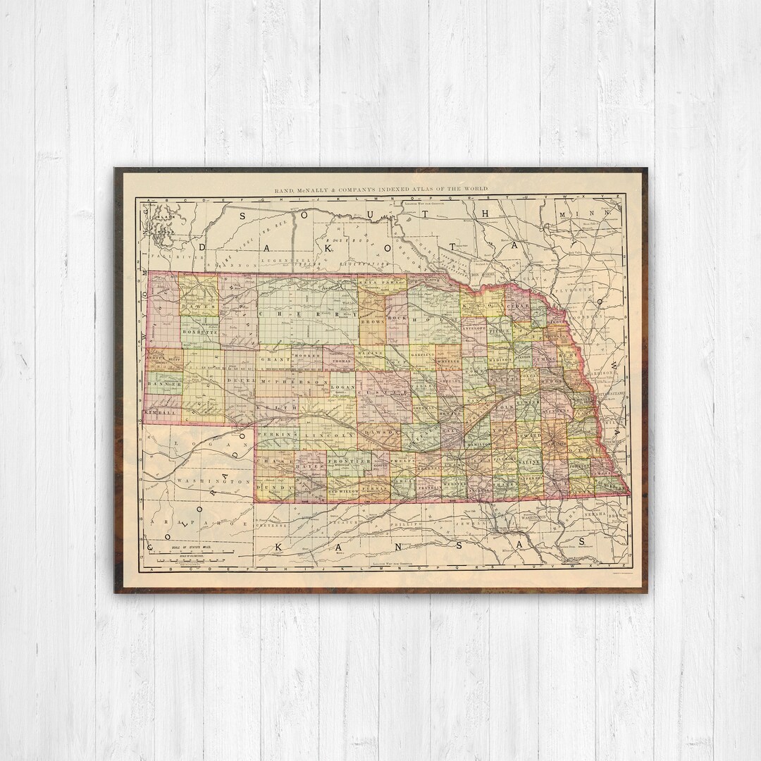Nebraska Antique Color State Map Print | Nebraska Canvas Map Art ...