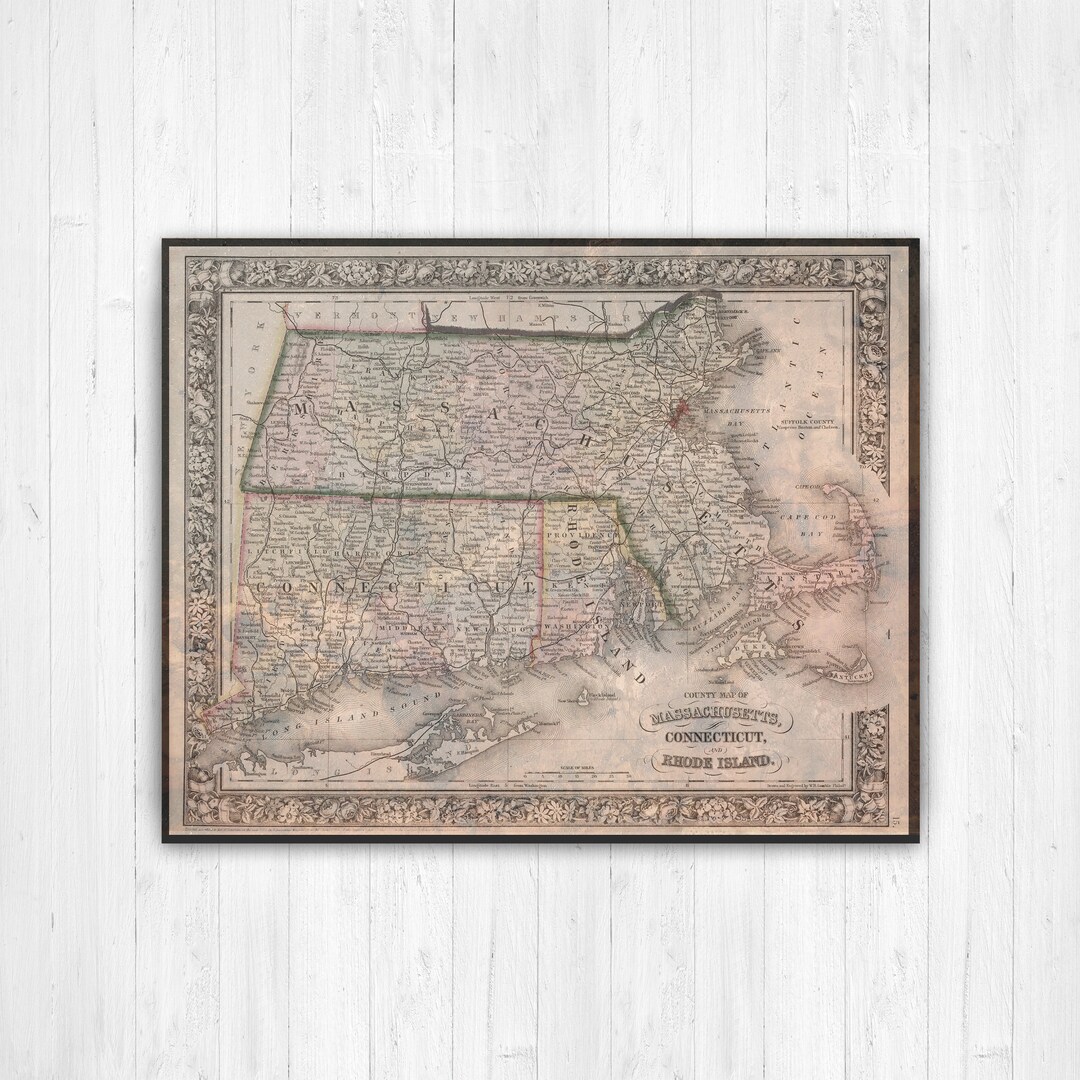 Massachusetts Antique Color State Map Print | Massachusetts Canvas Map ...