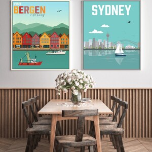 Bergen Norway Modern Illustration Print | Bergen Hanging Magnetic ...