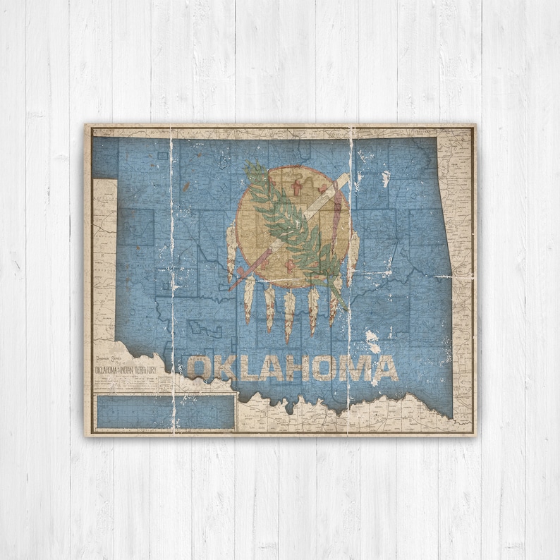 Oklahoma Vintage State Flag Map Print Oklahoma Hanging - Etsy