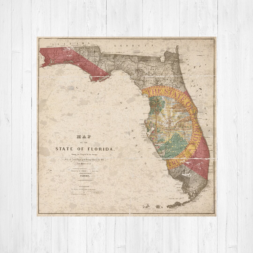Florida Vintage State Flag Map Print | Florida Hanging Canvas Map Art ...