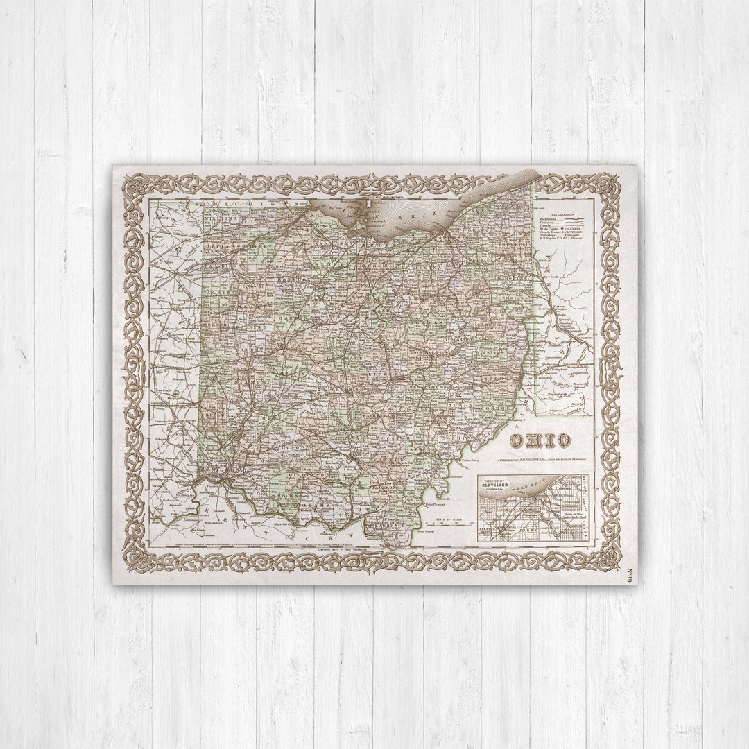 Ohio Antique Color State Map Print | Ohio Canvas Map Art | Printed ...