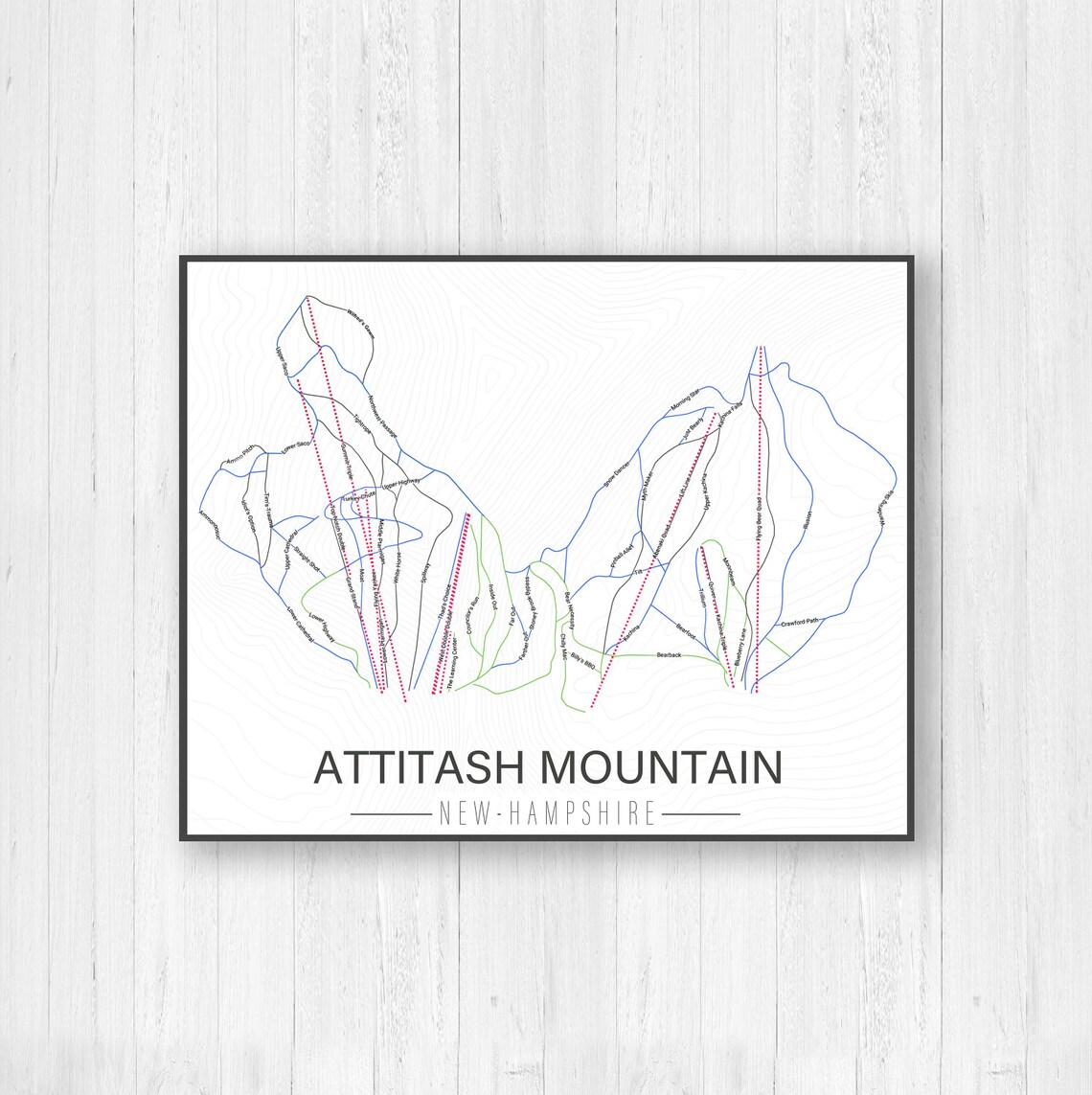 Attitash Mountain New Hampshire Ski Trail Map | Hanging Canvas of ...