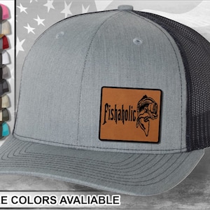 Fishaholic Bass Laser Engraved Leather Patch Snapback Trucker Hat ...