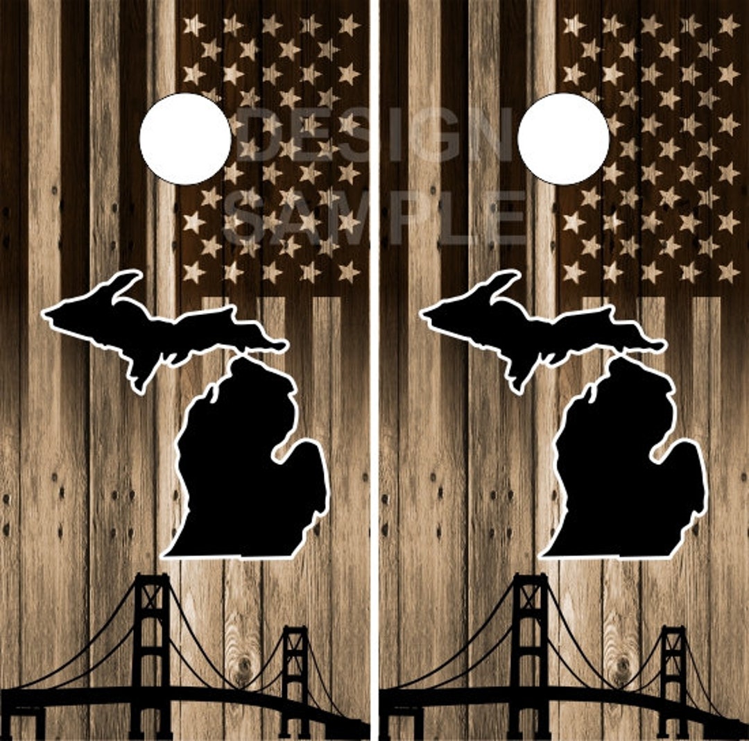 Michigan Flag Wood Bridge Cornhole Wrap Bag Toss Decal Skin Sticker ...