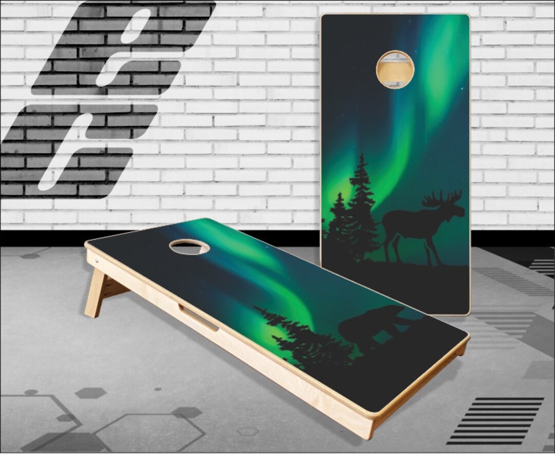 Bear Moose Mountain Northern Lights Cornhole Boards Bag Toss Game With ...