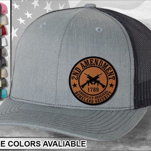 Second Amendment Guns Laser Engraved Leather Patch Snapback Trucker Hat, Custom, Personalized ...