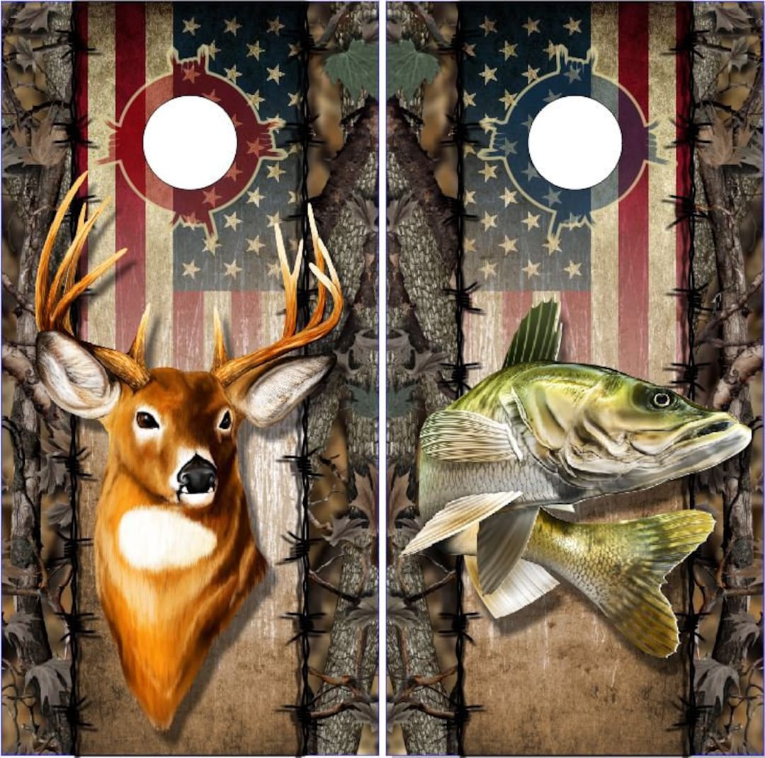 Wicked Wire Walleye Buck Flag Camo Cornhole Wrap Bag Toss Decal Skin ...