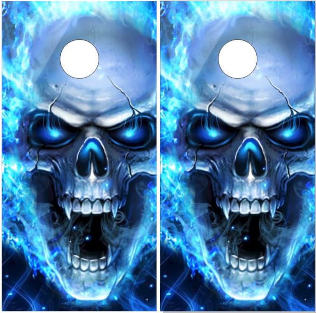 Flaming Blue Skull 2 Cornhole Wrap Bag Toss Decal Skin Sticker Wraps ...