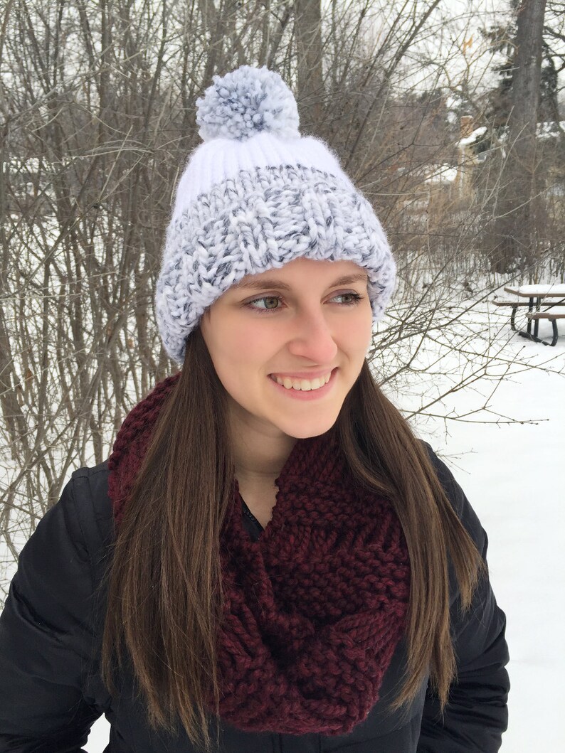 Classic Cuffed Pom Knitted Hat in White and Gray - Etsy