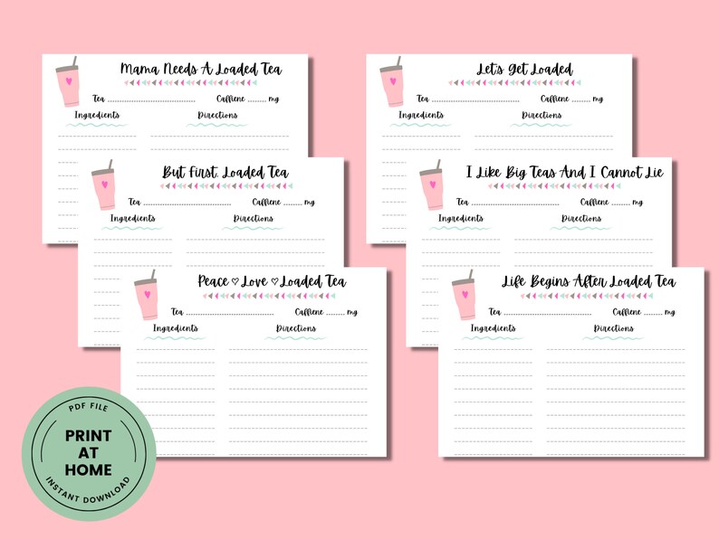 Loaded Tea Printable Recipe Cards, 5x7 Recipe Cards, PDF Printable ...