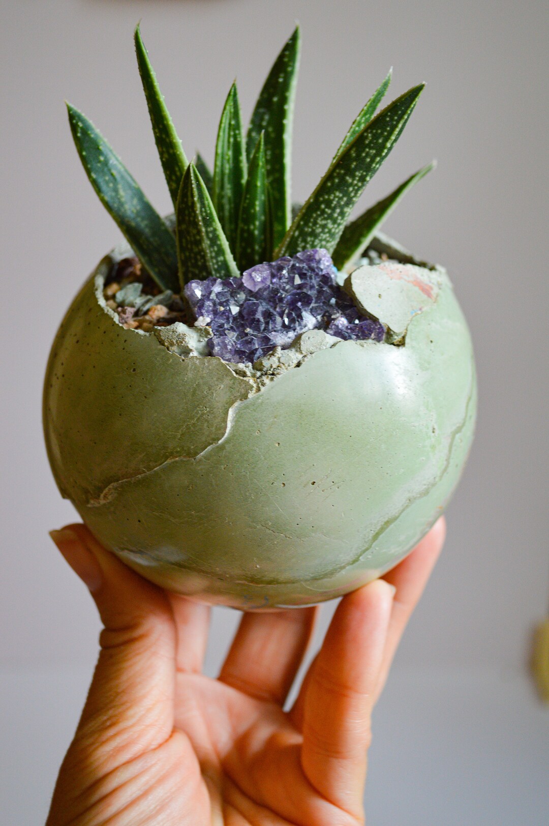 Sage Cement Crystal Orb Planter With Amethyst - Etsy