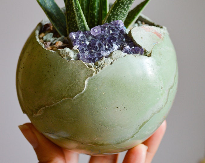 Sage Cement Crystal Orb Planter With Amethyst - Etsy
