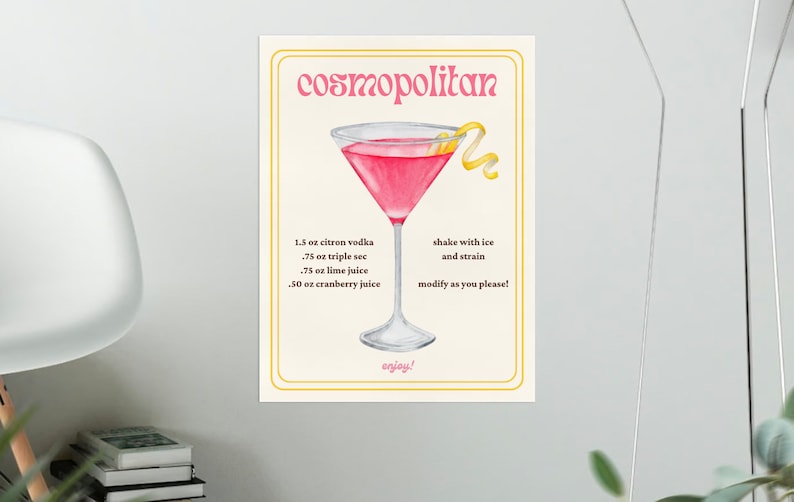Cosmopolitan Print | Cocktail Recipe Print | Bar Cart Decor Poster ...