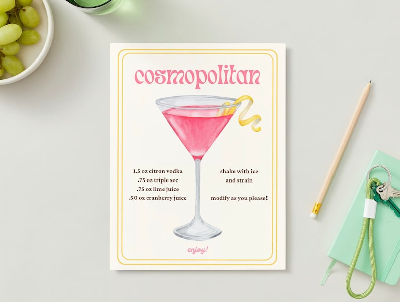 Cosmopolitan Print | Cocktail Recipe Print | Bar Cart Decor Poster ...