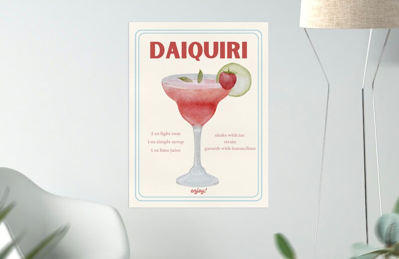 Daiquiri Cocktail Cocktail Recipe Print Bar Cart Décor Poster Party ...