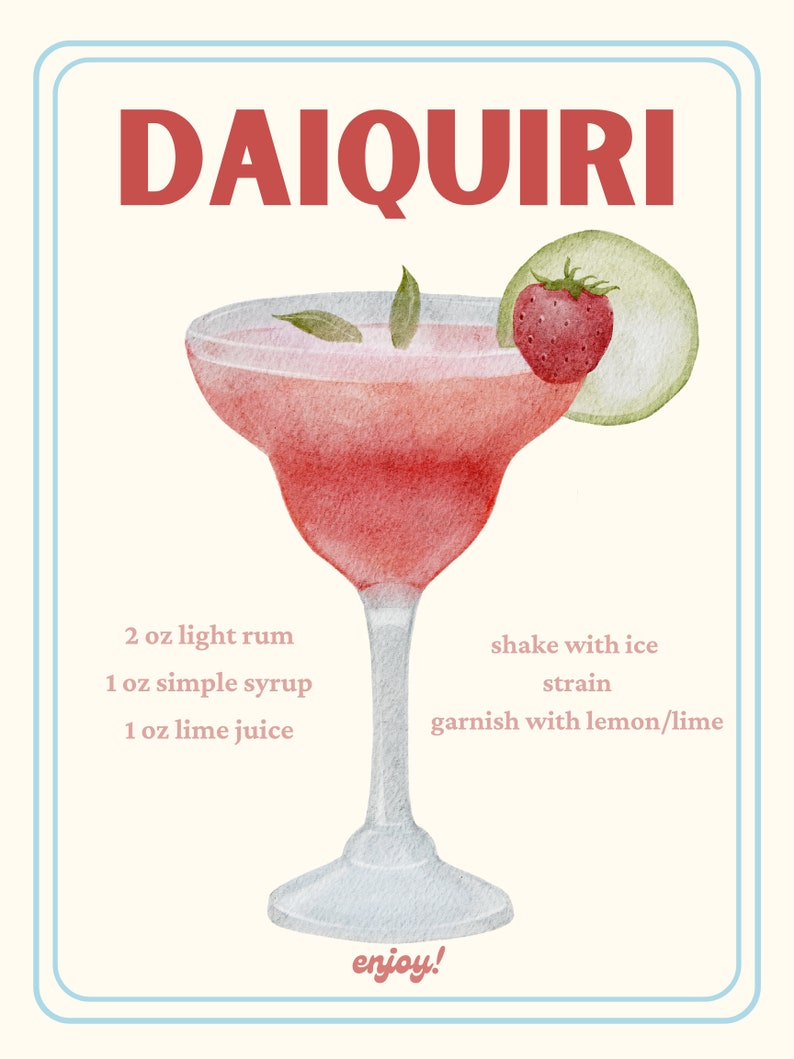 Daiquiri Cocktail Cocktail Recipe Print Bar Cart Décor Poster Party ...