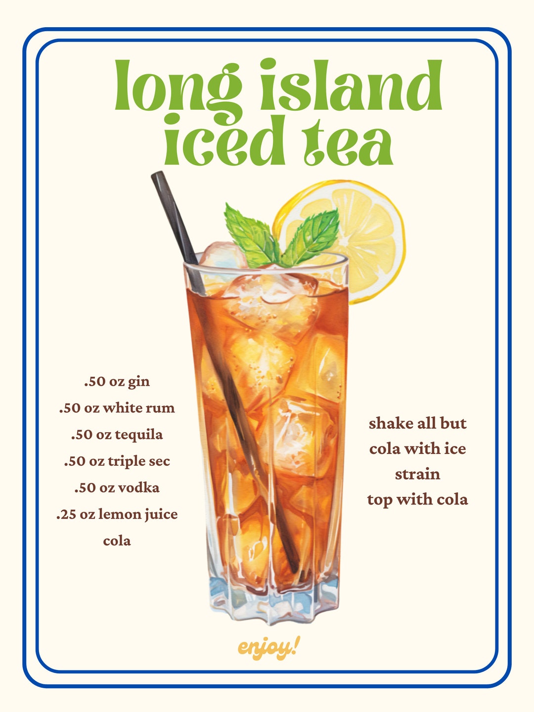 Long Island Iced Tea | Cocktail Recipe Print | Bar Cart Décor Poster ...