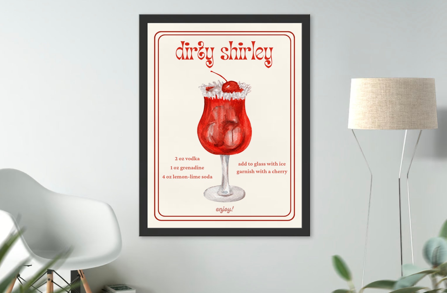 Dirty Shirley | Shirley Temple, Cocktail Recipe Print | Bar Cart Décor ...