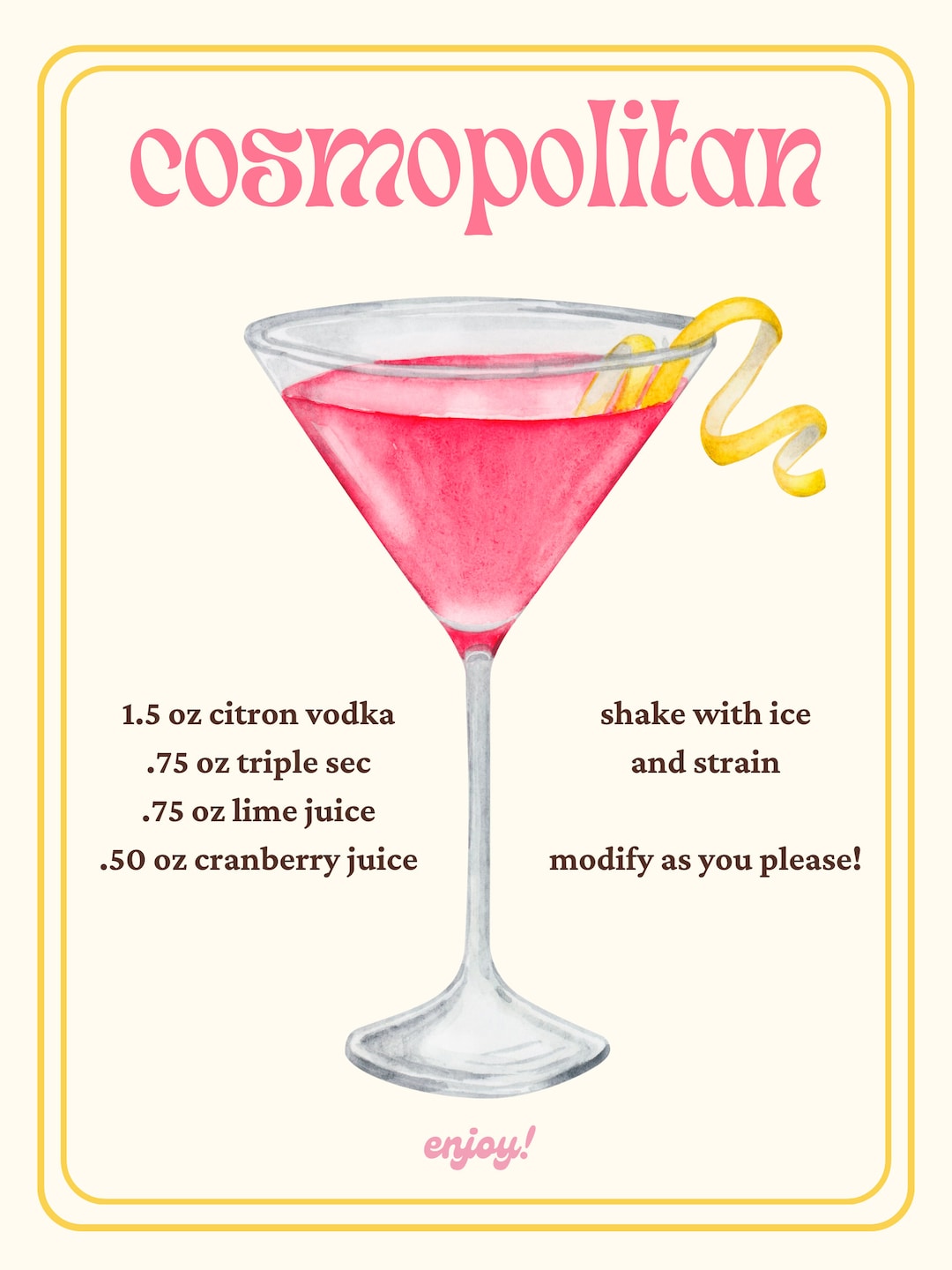 Cosmopolitan Print | Cocktail Recipe Print | Bar Cart Decor Poster ...