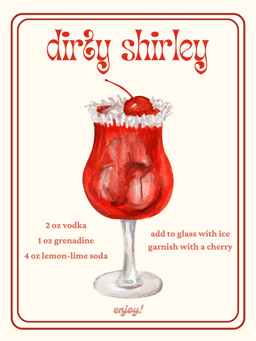 Dirty Shirley | Shirley Temple, Cocktail Recipe Print | Bar Cart Décor ...